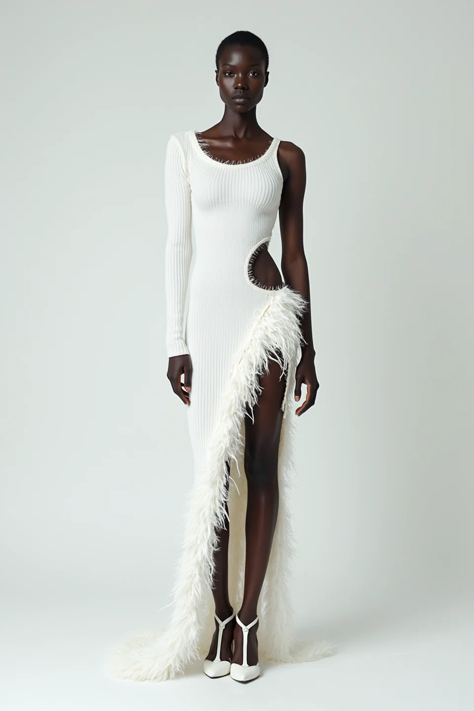 FEATHER TRIM HIGH-SLIT GOWN